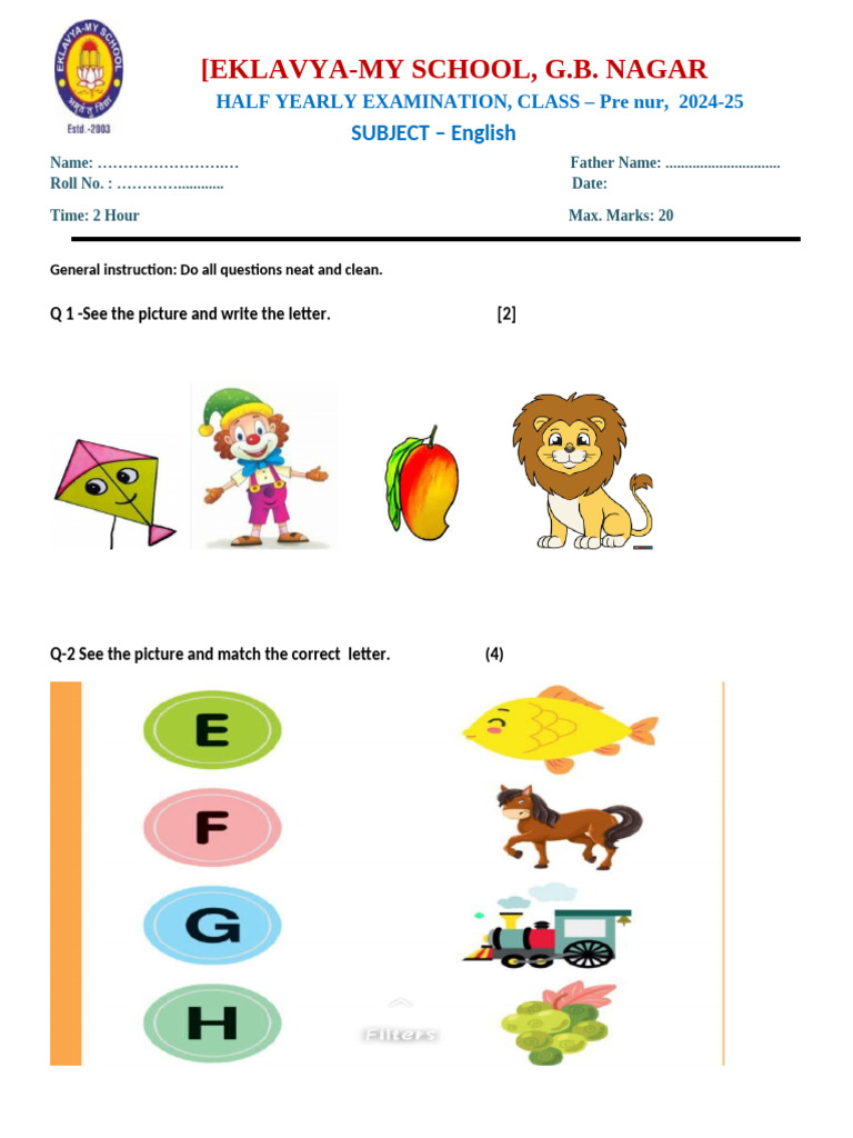 English Paper of HALF YEARLY Pre Nur | PDF