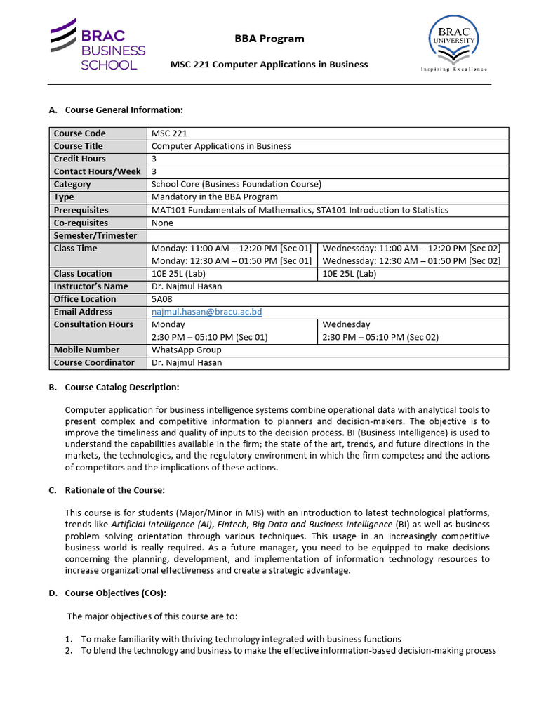 MSC221 Computer Applications in Business (Summer 2024) | PDF