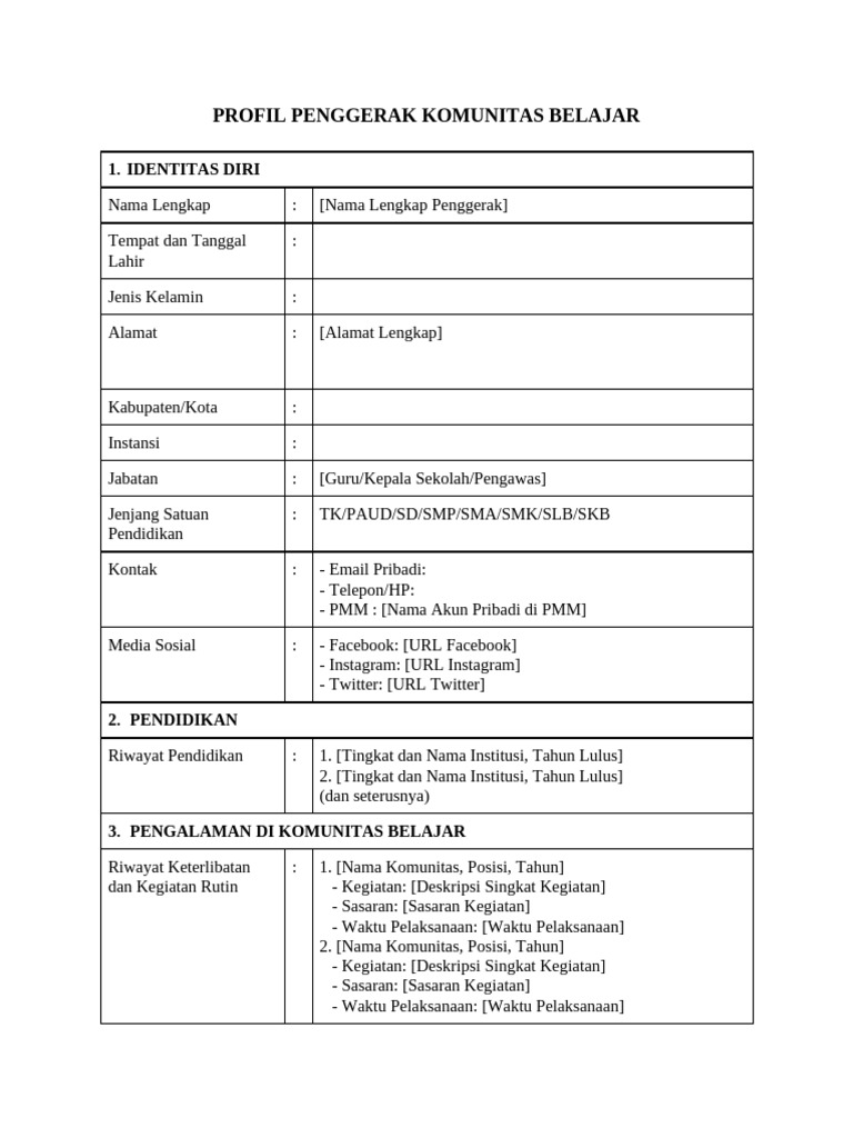 Template Profil Penggerak Komunitas Belajar | PDF