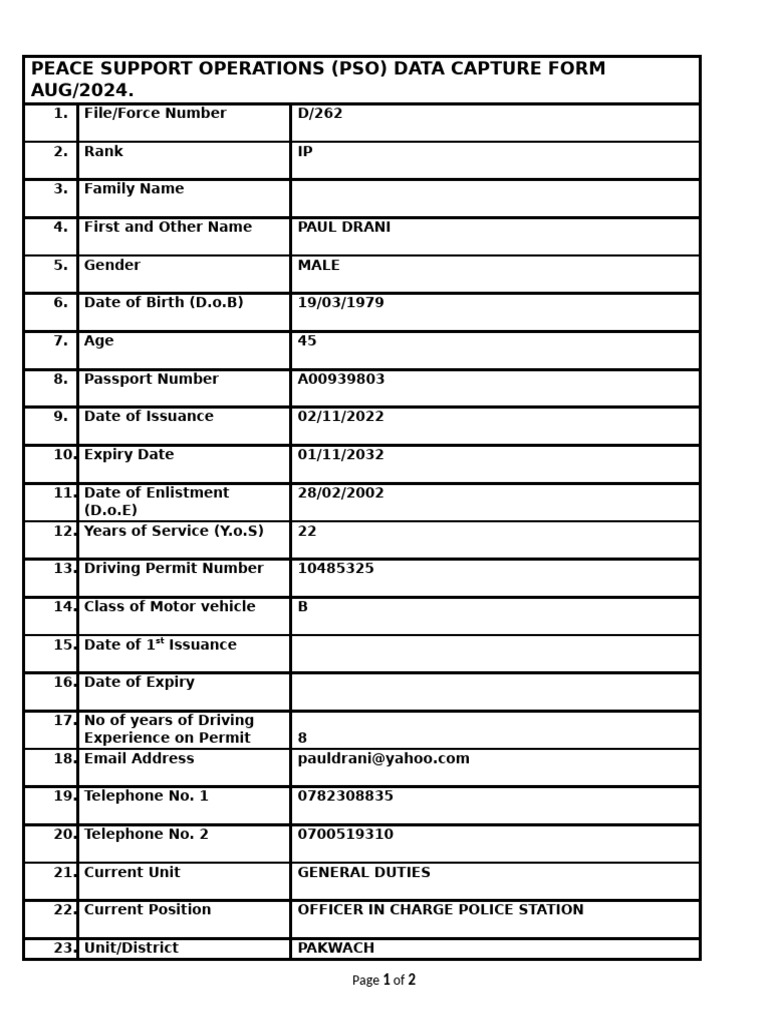 Peace Support Operations (Pso) Data Capture Form 2 | PDF