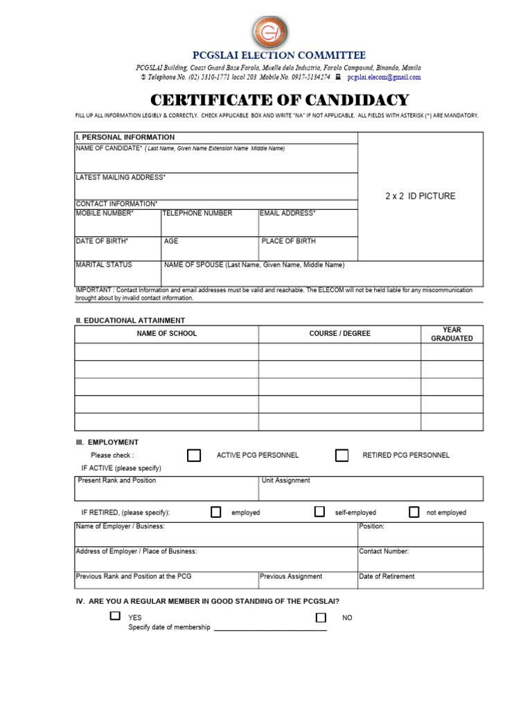 Pcgslai Coc Form s2024 | PDF