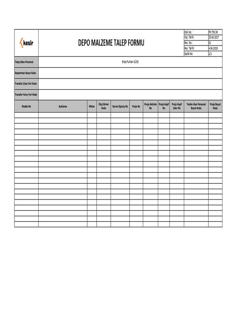 Depo Malzeme Talep Formu - İstaç - Bakim | PDF