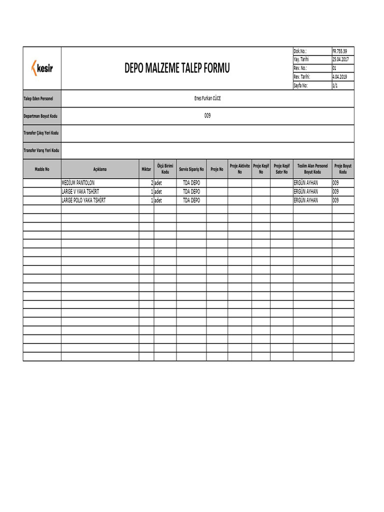 Depo Malzeme Talep Formu Nuh Çi̇mento 10.06.2024 | PDF
