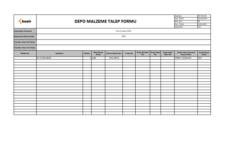 Depo Malzeme Talep Formu - İsken | PDF