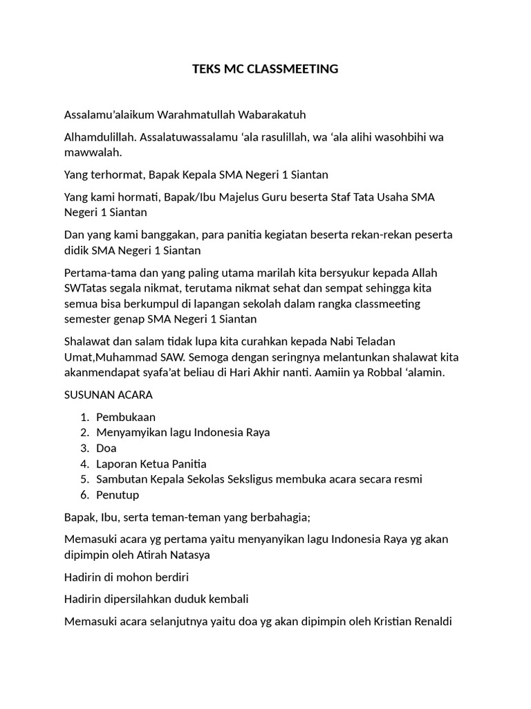 Teks MC Classmeeting | PDF