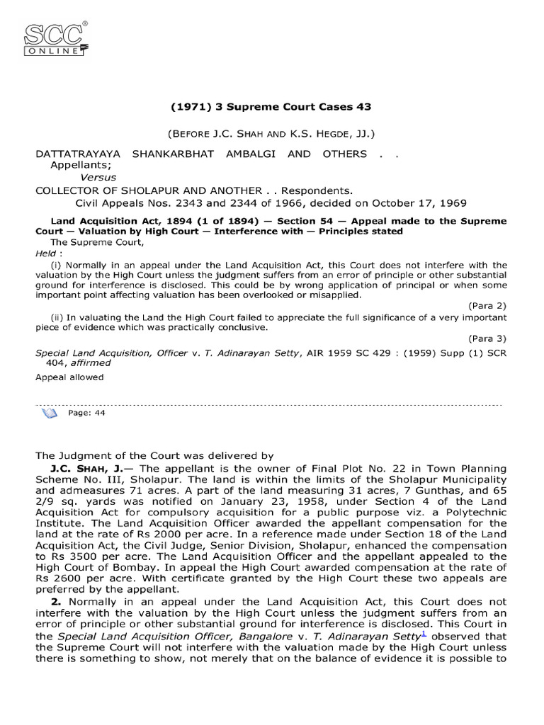 Dattatrayaya Shankarbhat Ambalgi v. Collector of Sholapur, (1971) 3 SCC 43 | PDF