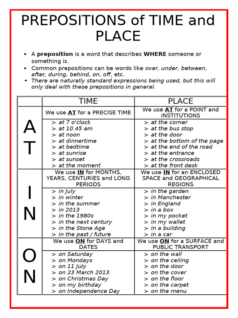 Theory Prepositions-Of-Time-And-Place-In-On-At-Grammar-Guides | PDF