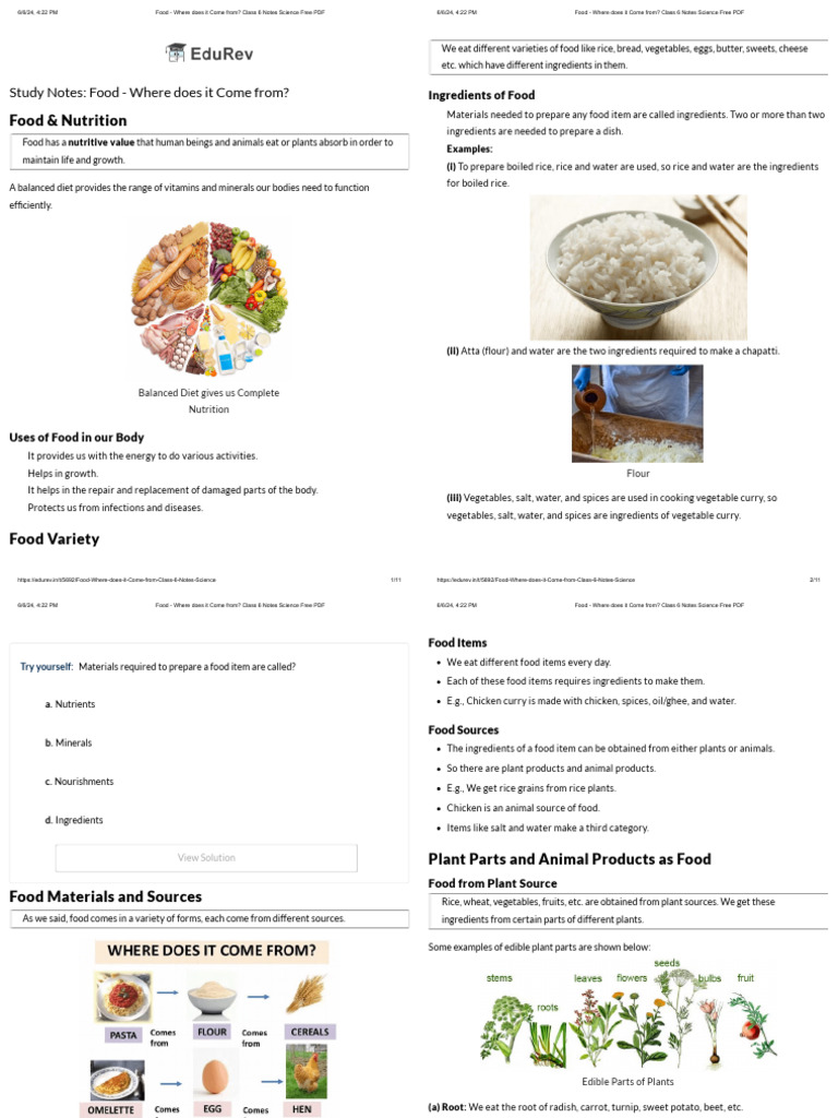 Food - Where Does It Come From - Class 6 Notes Science Free PDF | PDF