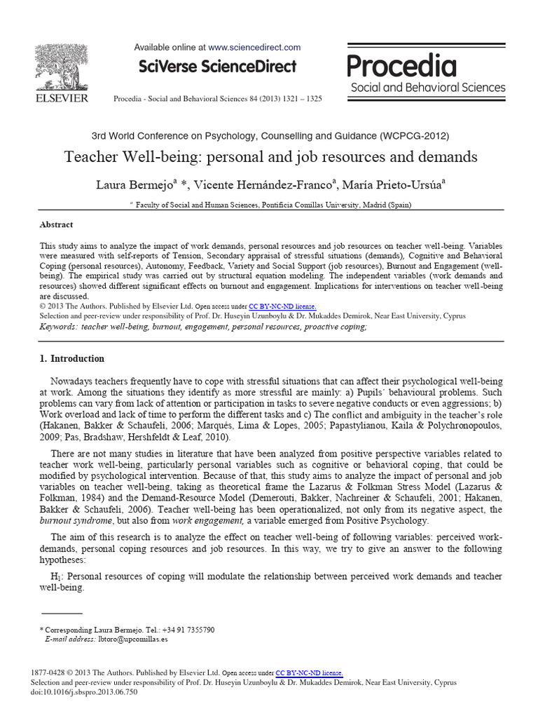 Teacher Well-Being: Personal and Job Resources and Demands | PDF