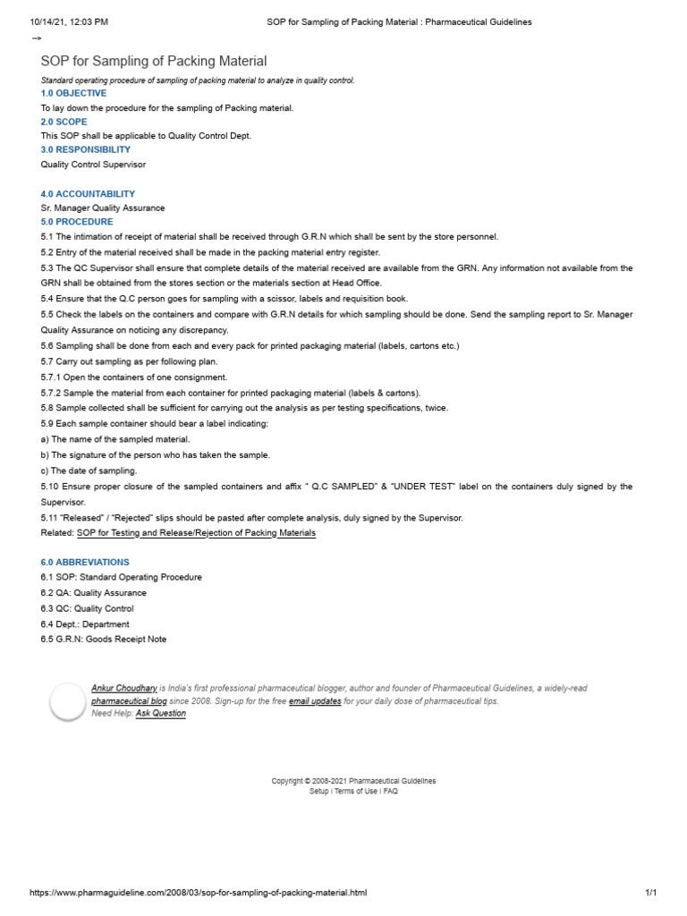 SOP For Sampling of Packing Material - Pharmaceutical Guidelines | PDF