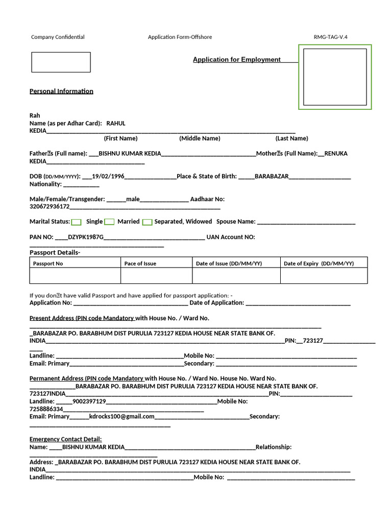 Employee Application Form Vol 3.2 (1) - For Associate | PDF