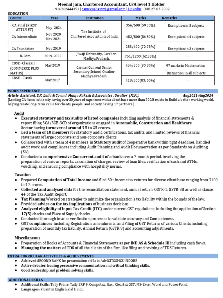 Resume - CA Meenal Jain | PDF