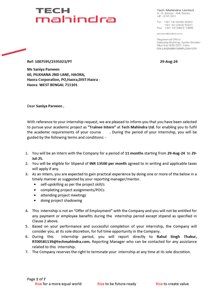 Apprentice - Letter Saniya Parveen 2335023 | PDF