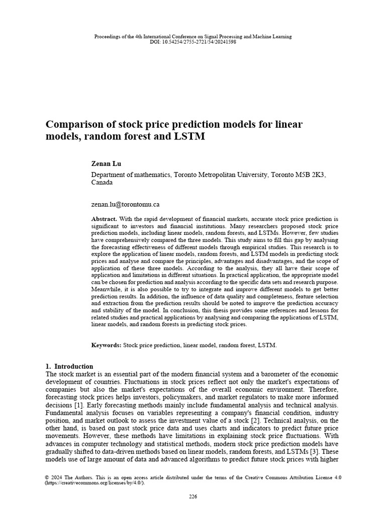 Comparison of Stock Price Prediction Models For Linear Models, Random ...
