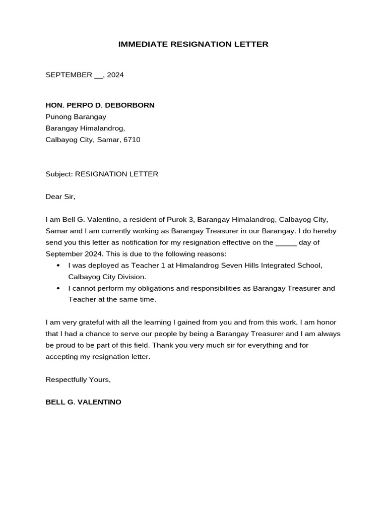 Immediate Resignation Letter | PDF