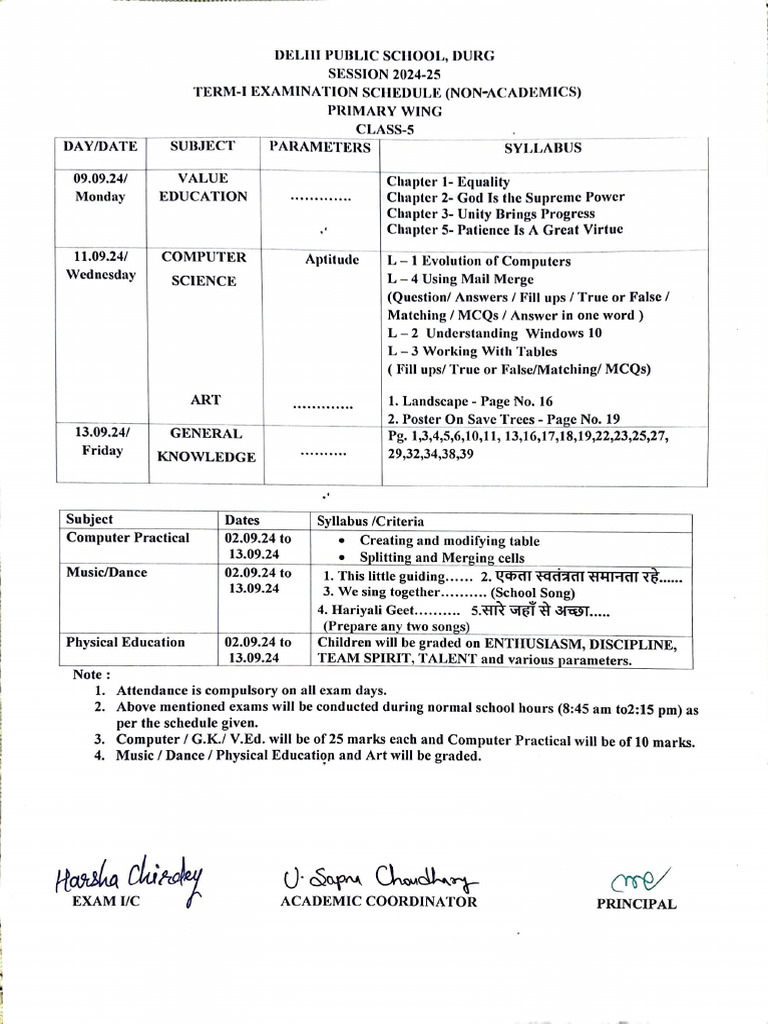 CL 5 Term 1 Schedule (Non Academics) .PDF - 6385889468623346981 | PDF