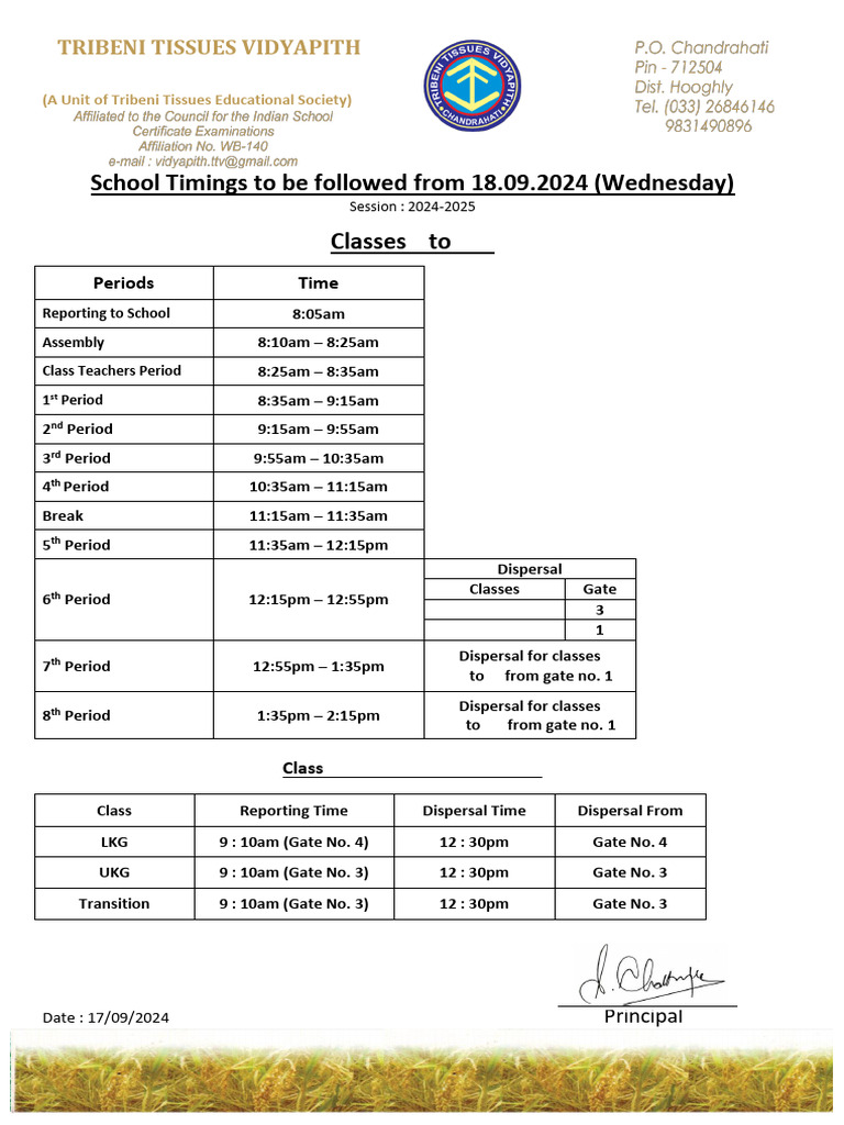 School Timings For Classes LKG To XII From 18.09.2024 | PDF