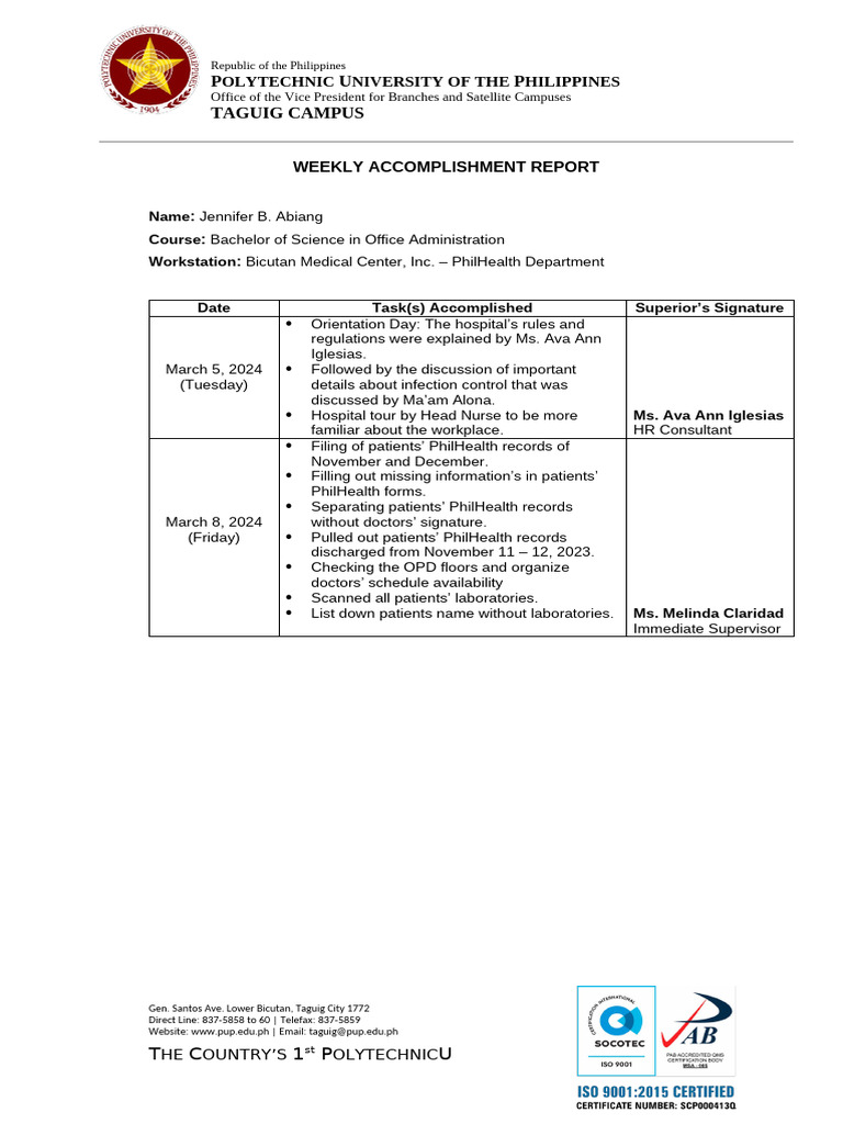 Weekly Accomplishment Report | PDF | Health Care | Medicine