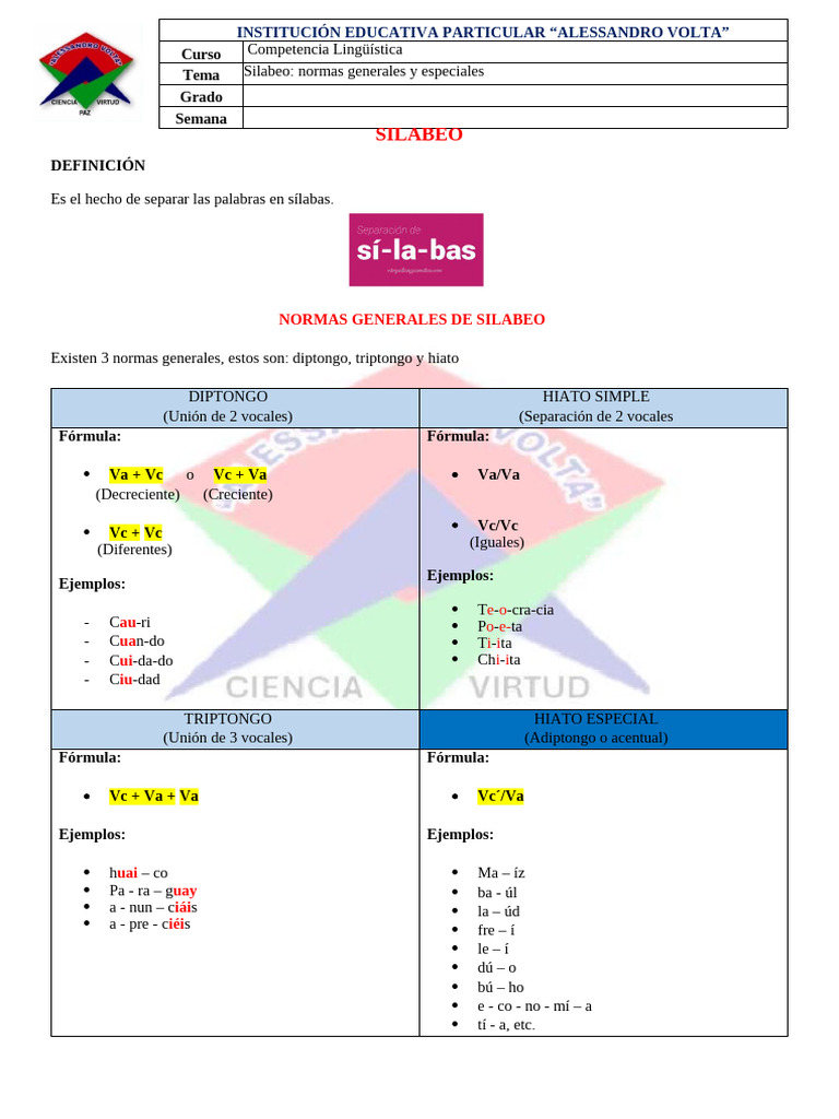 Ficha de Apoyo Normas de Silabeo | PDF | Vocal | Lingüística