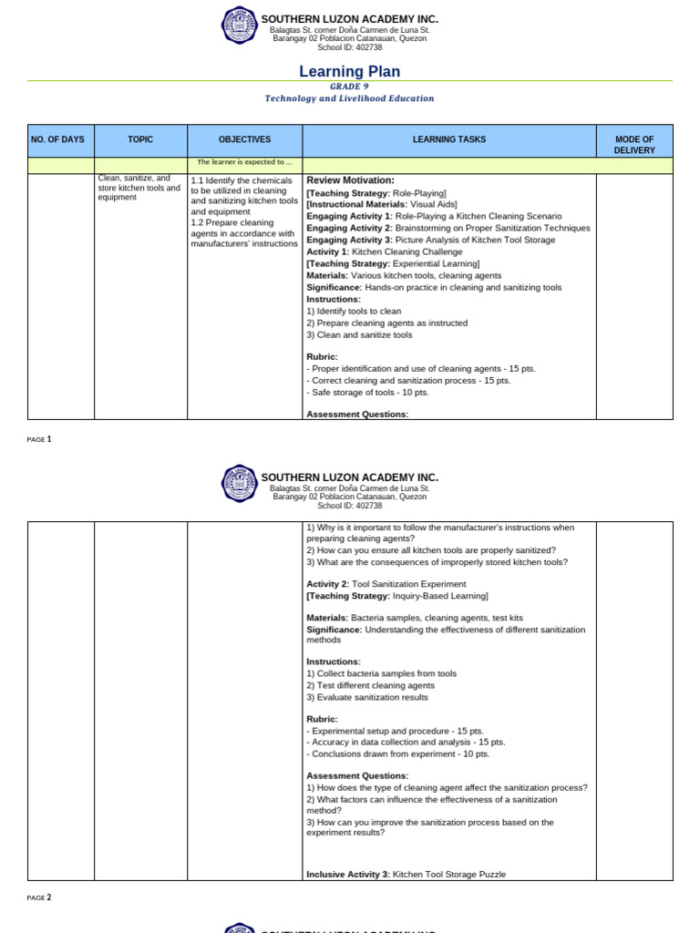 Tle 9 Learning Plan | PDF | Cooking | Career & Growth