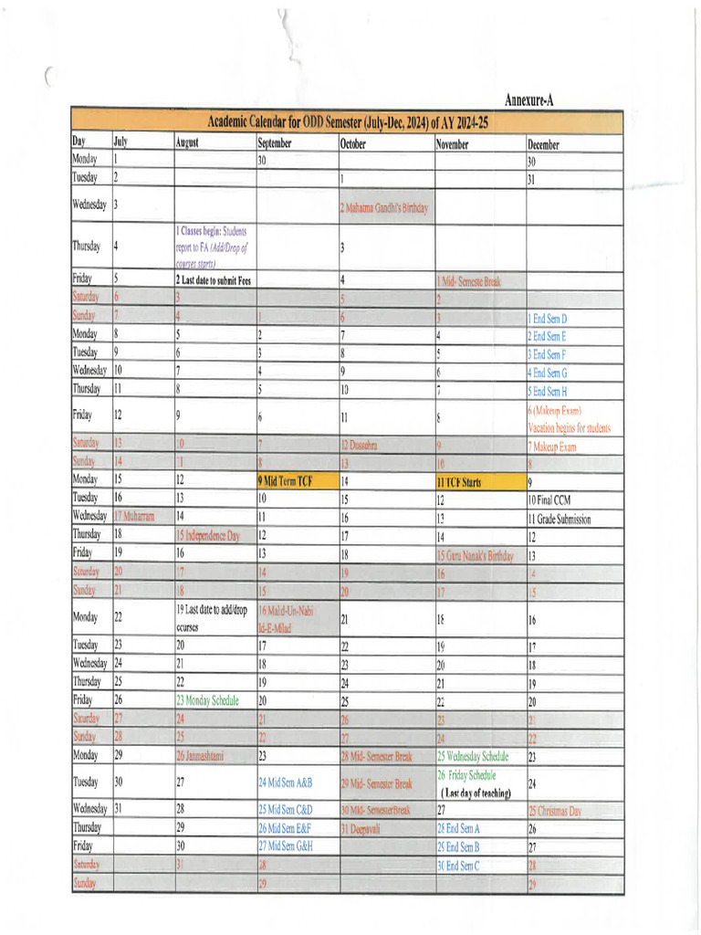 Academic Calender Odd Semester | PDF