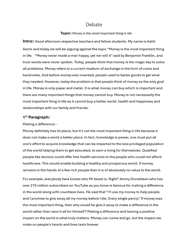 Debate (Money Is The Most Important Thing in Life) | PDF