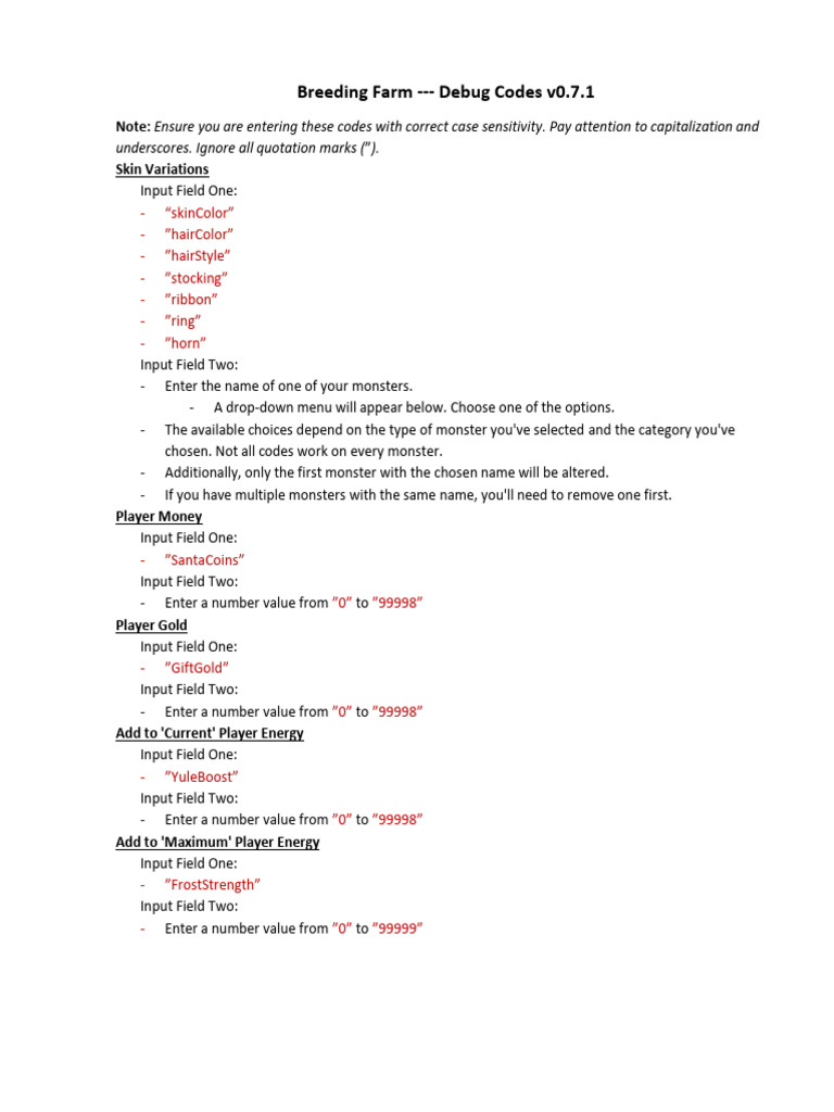 Breeding Farm Debug Codes v0.7.1 | PDF
