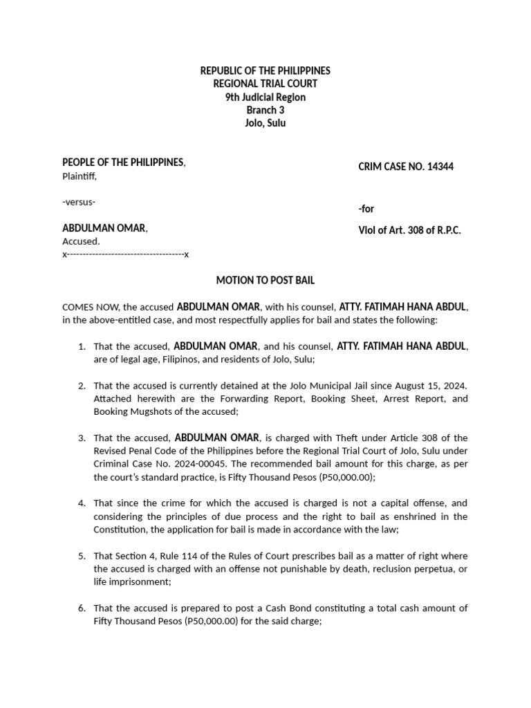 Motion To Post Bail | PDF | Bail | Political Law