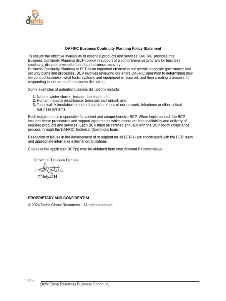 Dafric BUSINESS CONTINUITY POLICY | PDF | Risk Assessment | Emergency ...