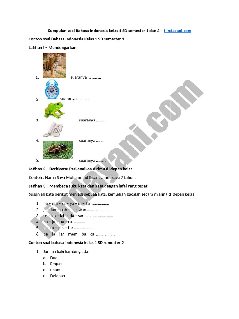 Kumpulan Soal Bahasa Indonesia Kelas 1 SD Semester 1 Dan 2 | PDF
