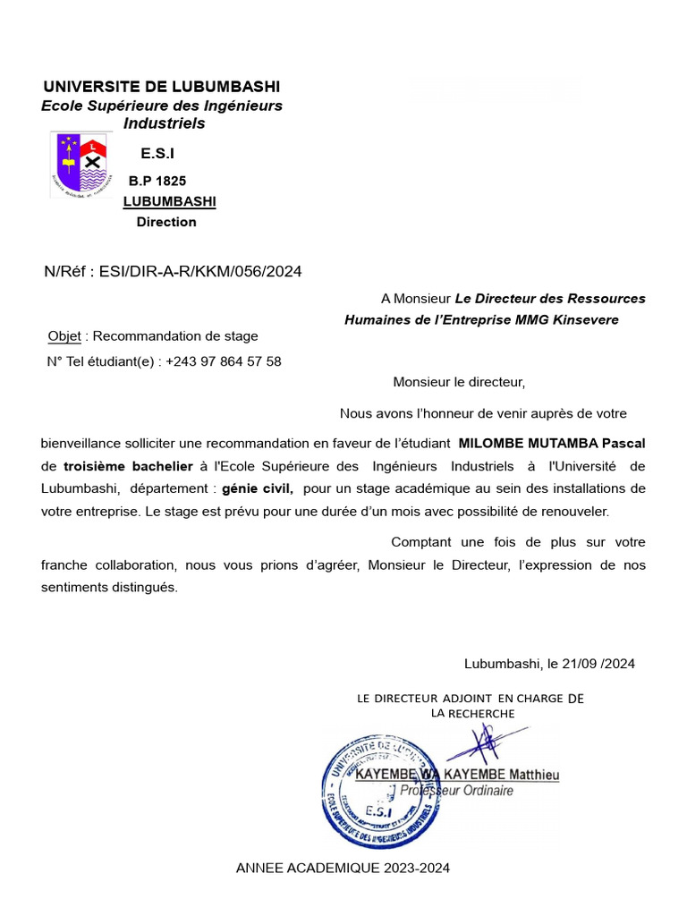 Recommandation de Stage Pascal Milombe MMG | PDF