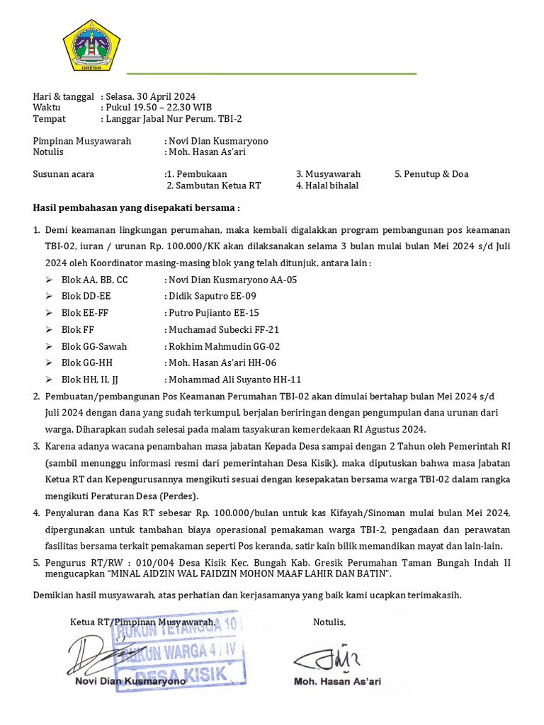 Notulen Musyawarah Warga TBI-2 TGL 30 April 2024 Halal Bihalal Dan Musyawarah Umum | PDF