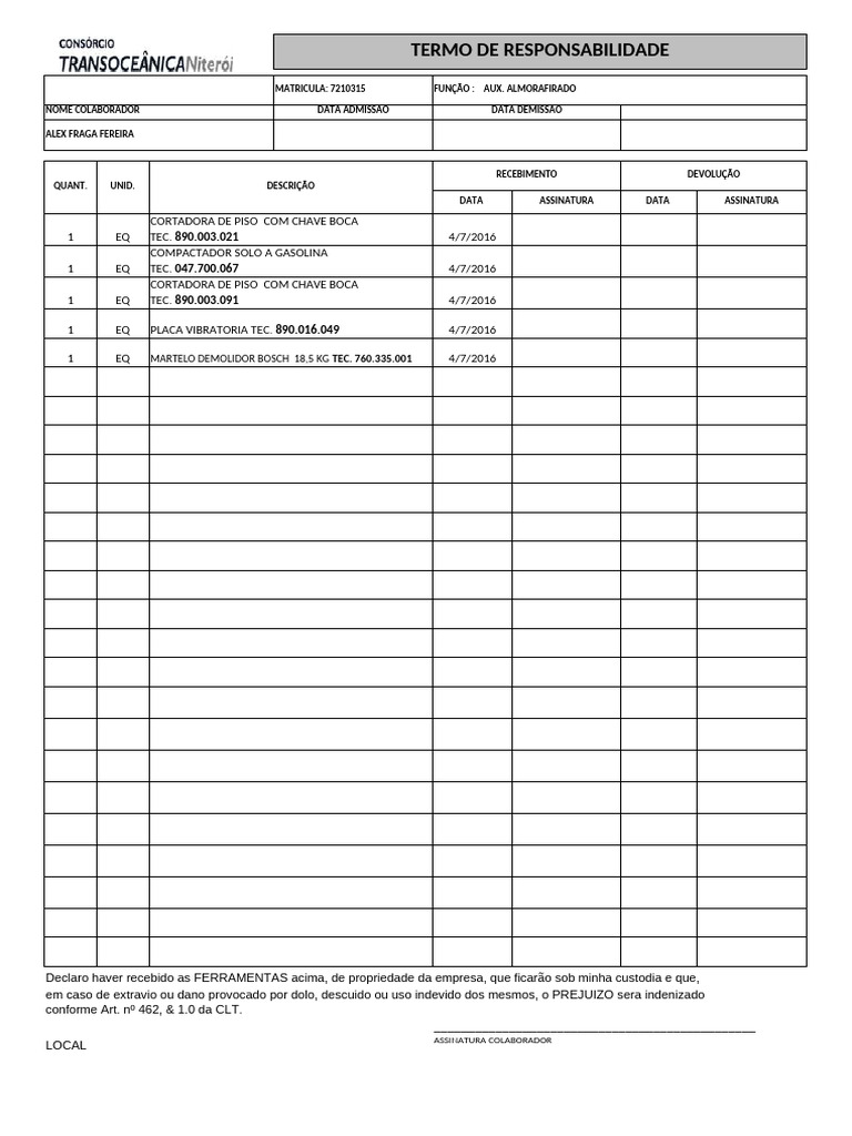 Termo de Responsabilidade de Ferramentas para Ficha Funcionario | PDF