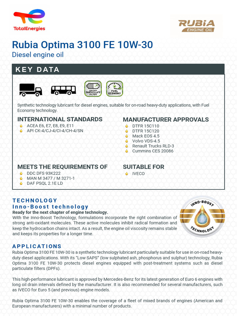 2 - TDS - TotalEnergies - Rubia-Optima-3100-FE-10W-30 - WX4 - EN | PDF