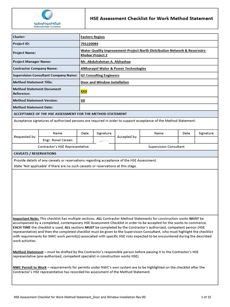 HSE Assessment Checklist For Work Method Statement - Door and Window ...