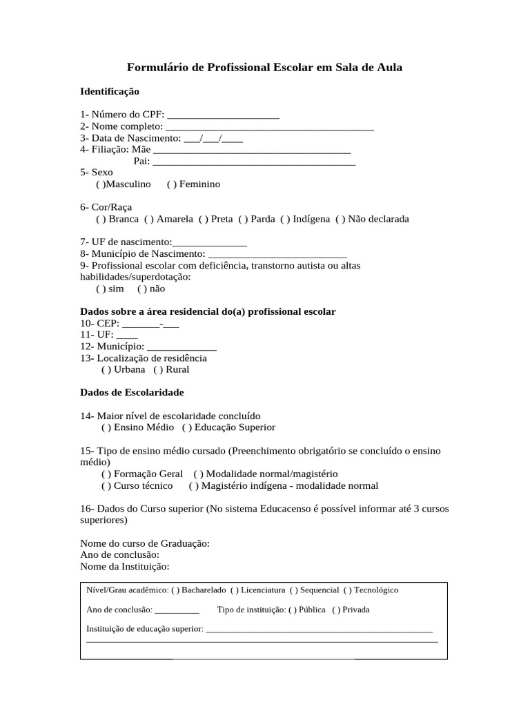 Formulário de Profissional Escolar em Sala de Aula | PDF