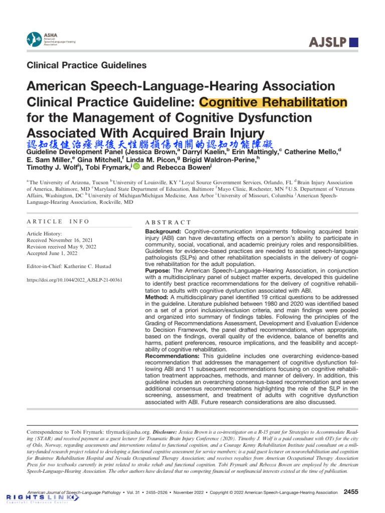 American Speech-Language-Hearing Association Clinical Practice Guideline: Cognitive ...