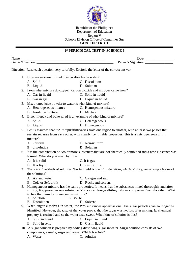 SCIENCE 6 1st Periodical Test | PDF