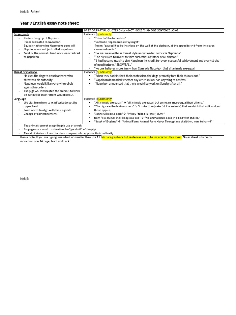 2024 - Animal Farm Notetaking Sheet | PDF