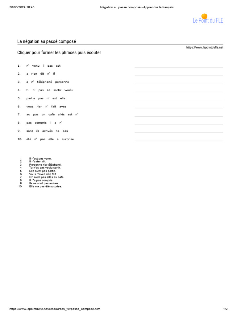 Négation Au Passé Composé - Apprendre Le Français | PDF