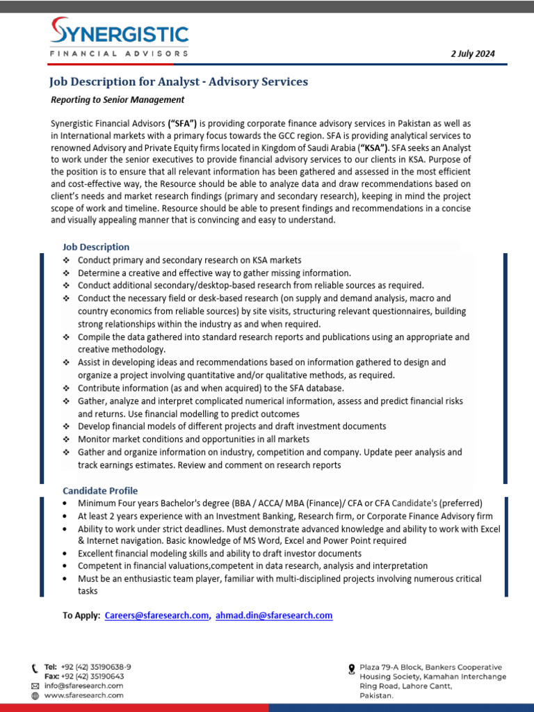 SFA JD - Analyst | PDF