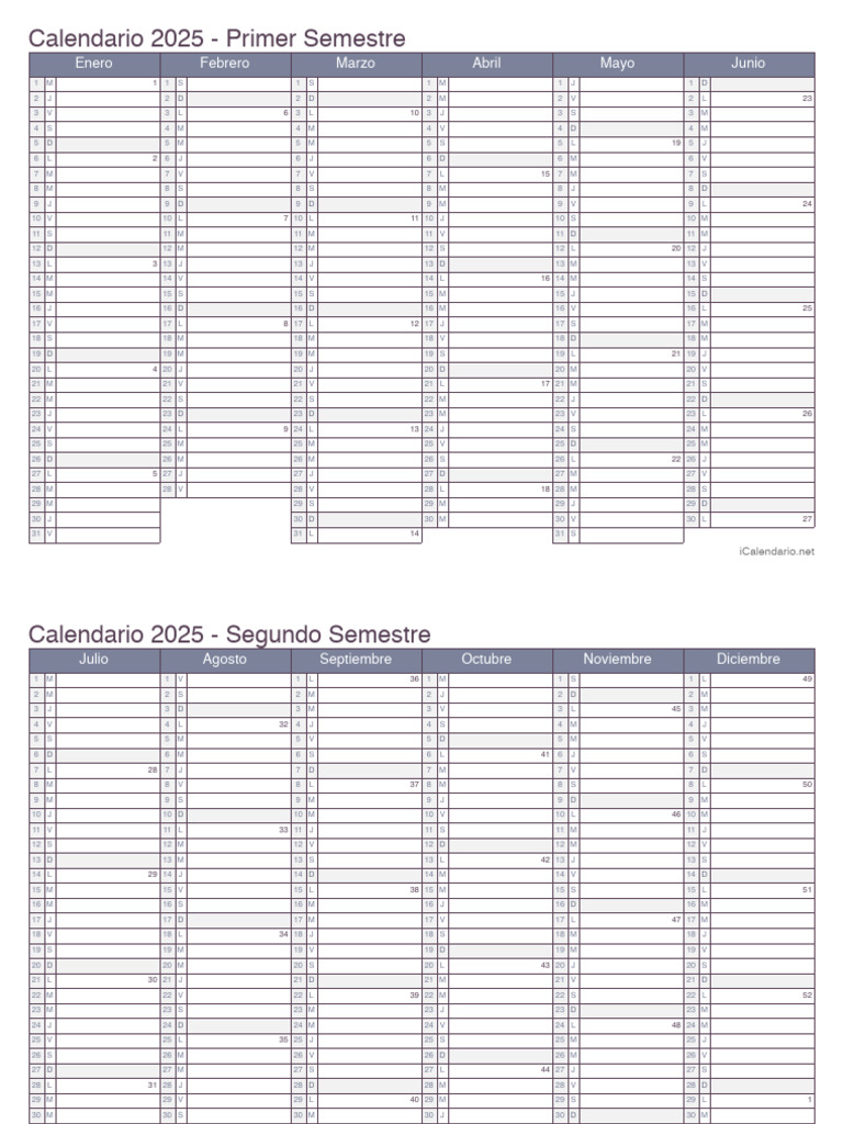 Calendario 2025 Semestral Num Semana Office - 5141 | PDF
