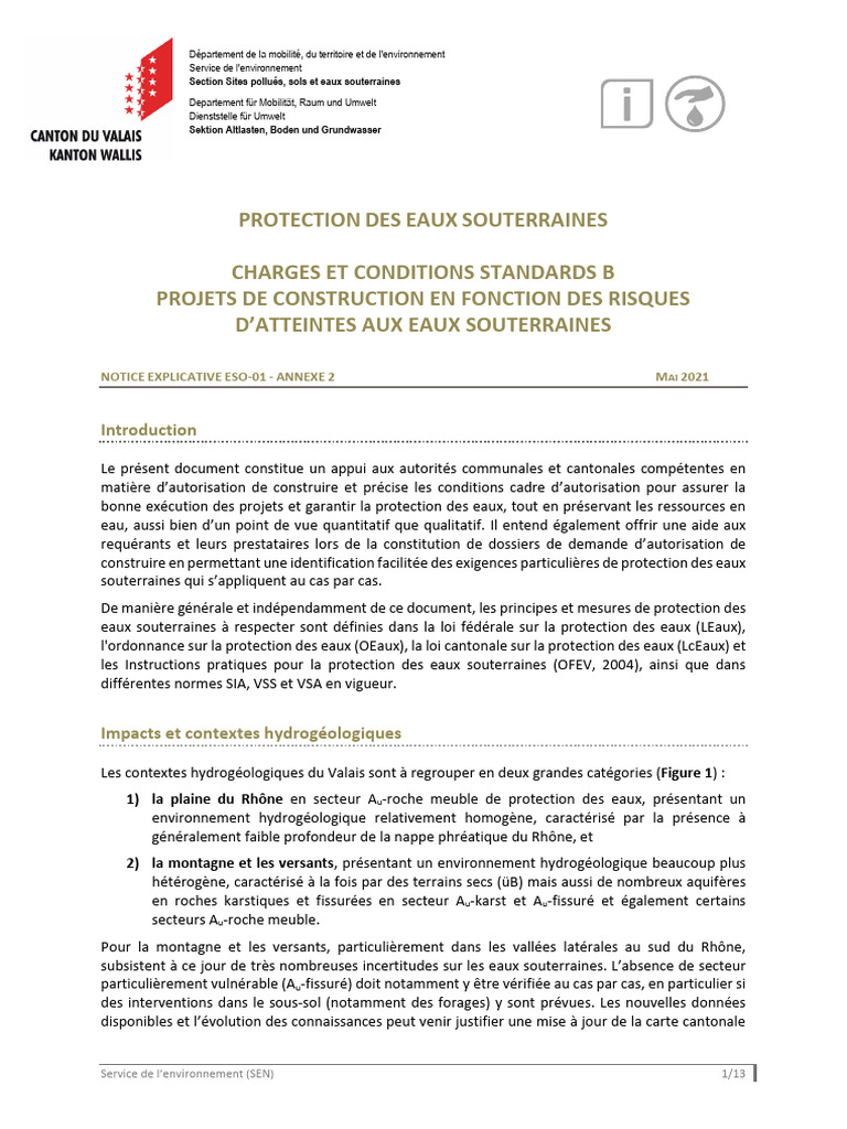 Protection DES Eaux Souterraines Charges Et Conditions Standards B Projets de Construction en ...