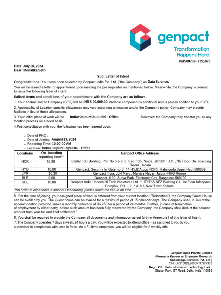 Genpact Offer Letter | PDF