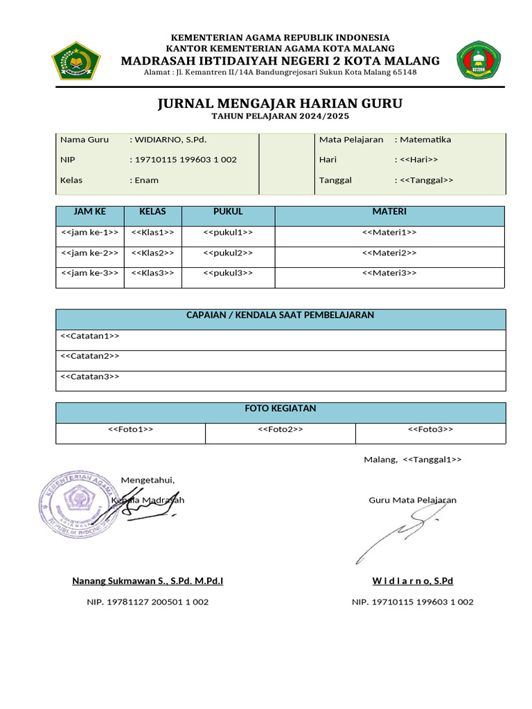 Template Jurnal Mengajar Ok | PDF