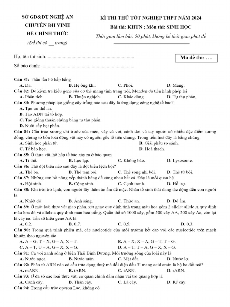 35 de Thi Thu TN THPT Sinh Hoc 2024 THPT Chuyen DH Vinh Lan 1docx - 3200 - PDF - Gdrive.vip | PDF