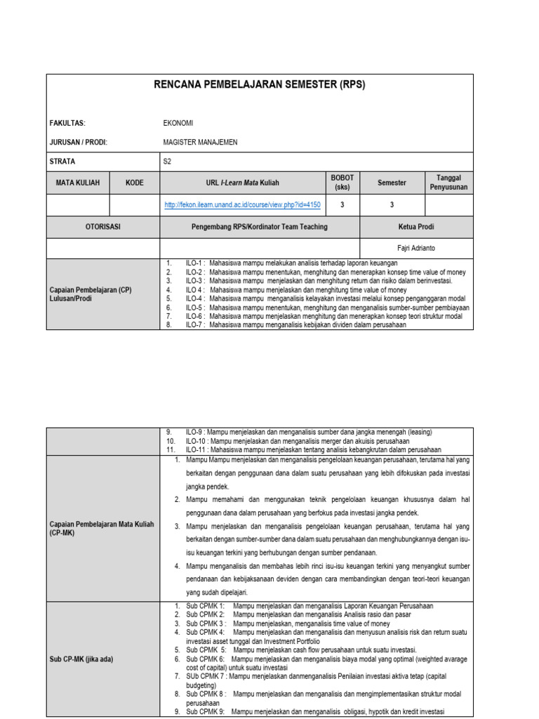 Copr Finance RENCANA PEMBELAJARAN SEMESTER MM | PDF