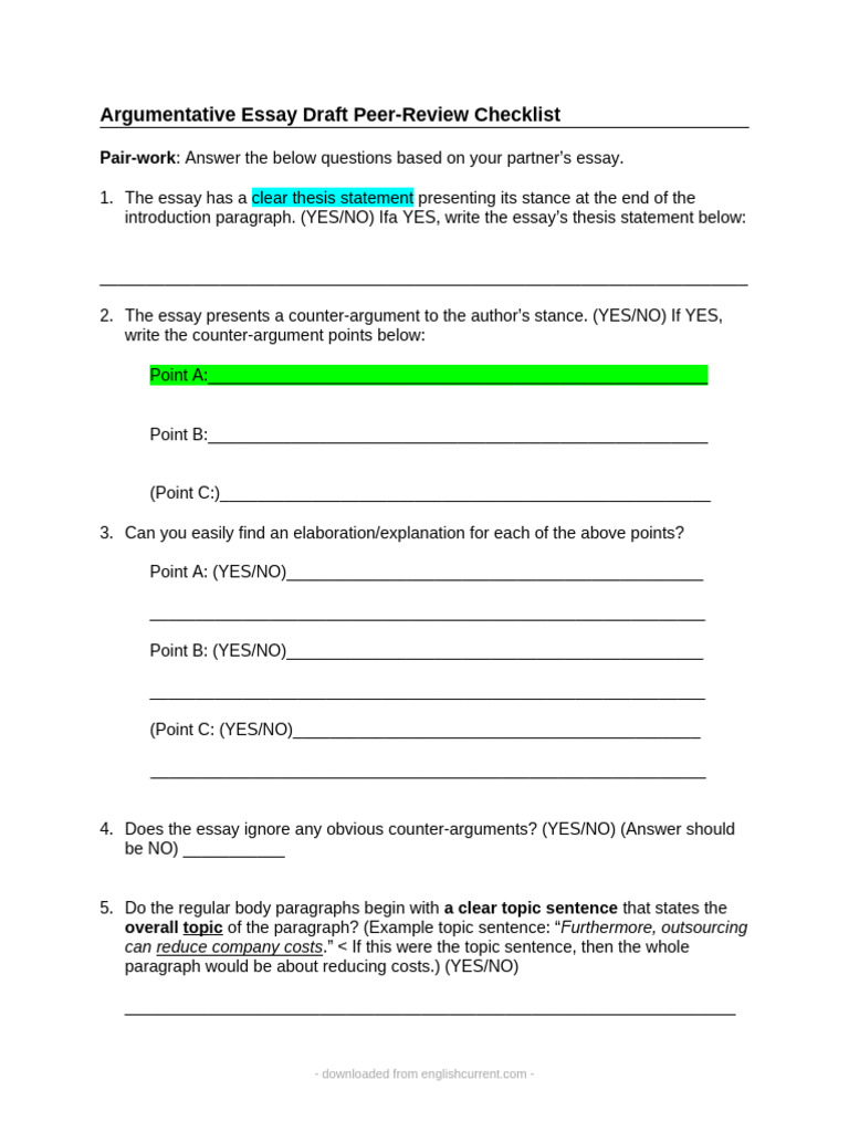 Argumentative Essay Peer Editing | PDF