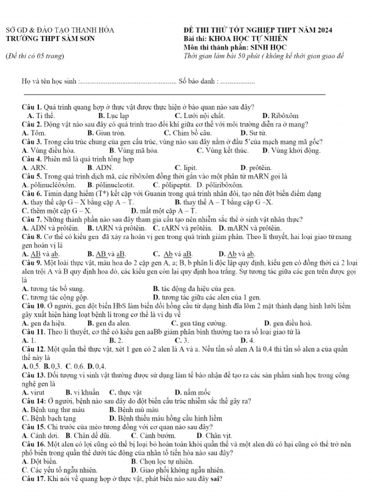 27 de Thi Thu TN THPT Sinh Hoc 2024 THPT Sam Son Thdocx - 3200 - PDF - Gdrive.vip | PDF