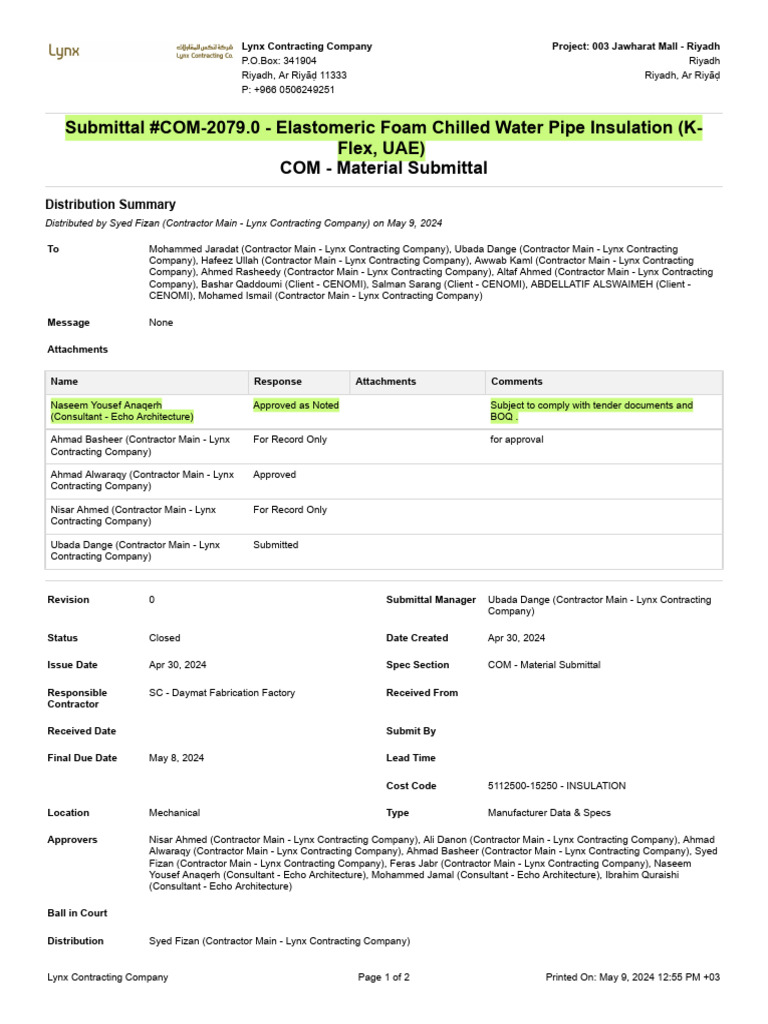 Code B - COM-2079 - Insulation For CHW Pipe (Kflex) - Daymat-JR (9-05 ...